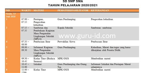 Contoh Jadwal Mpls Daring Tahun Pelajaran Modul Ajar