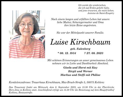 Traueranzeigen Von Luise Kirschbaum Rz Trauer De