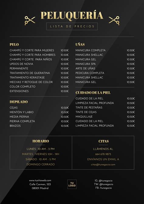 Plantilla de lista de precios para peluquería Hair salon prices Hair