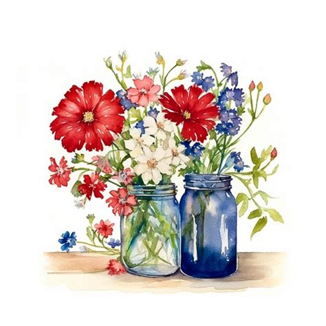 Una Pintura De Acuarela De Flores En Un Frasco Foto Premium