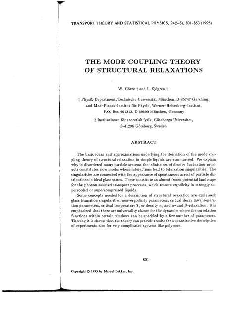 pdf the mode coupling theory of structural relaxations