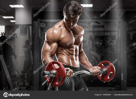 Muscular Man Working Out Gym Doing Exercises Strong Bodybuilder Abs