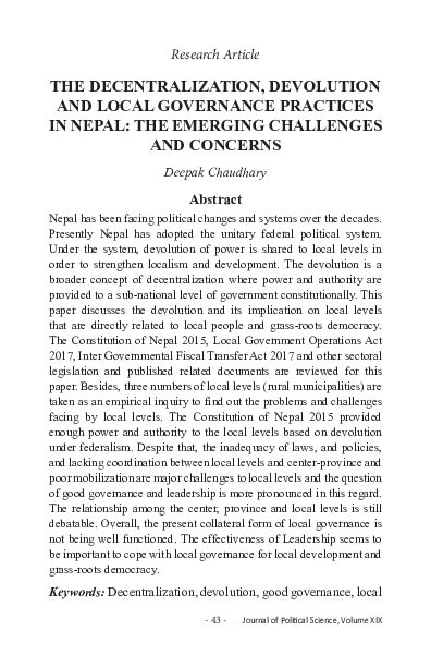pdf the decentralization devolution and local governance practices in nepal the emerging