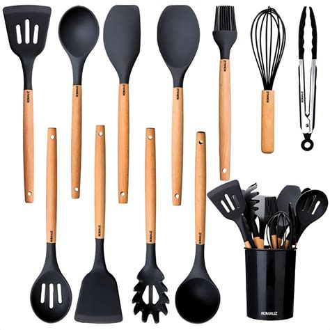 Kit 12 Peças Utensílios Cozinha Em Silicone Maciço E Cabos De Madeira
