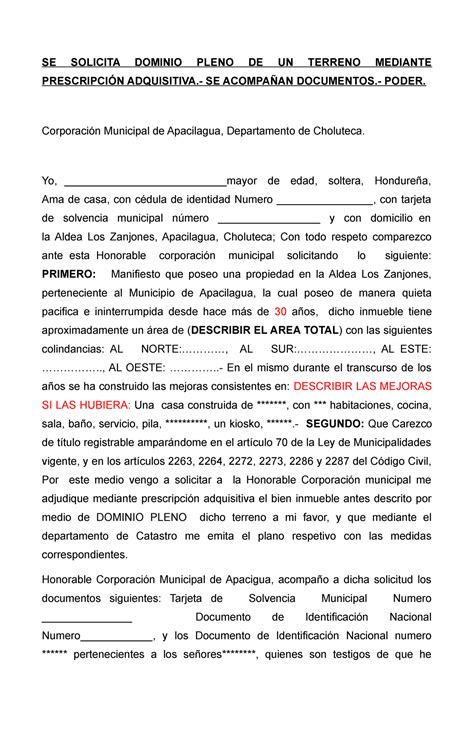 Dominio Pleno Mediante Prescripcion Adquisitiva SE SOLICITA DOMINIO