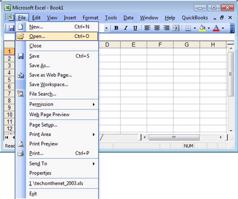 ms excel 2003 open an existing workbook