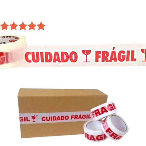 Kit 6 Rolo Fita Adesiva Impressa Cuidado Frágil 48 mm x 50 M Branca