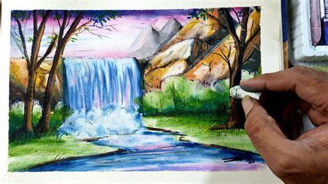 Waterfall Scenery Night Sky Oil Pastel Drawing Lalocades