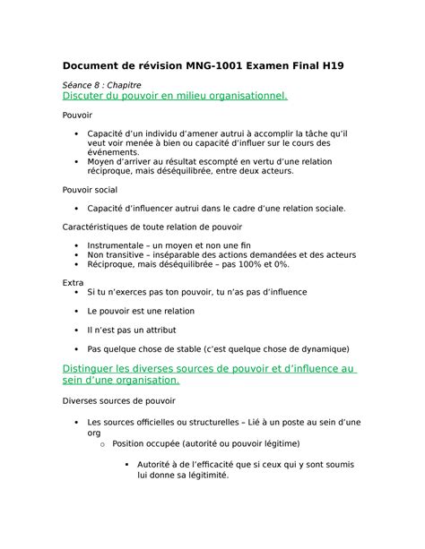 Révision Final ÉTUDE EXAMEN Document de révision MNG 1001 Examen