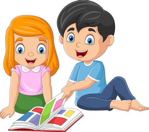 Niños felices de dibujos animados leyendo un libro Vector Premium