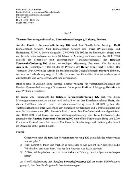 UE Fall 2 SS 2021 Fall aus der Übung Unternehmensrecht bei Prof