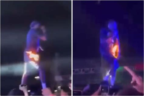 Cantor Djonga fica de cuequinha no palco após short pegar fogo