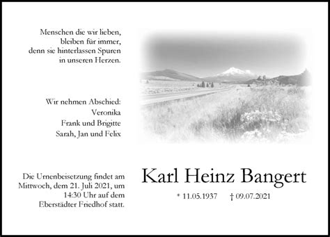 Traueranzeigen Von Karl Heinz Bangert Vrm Trauer De