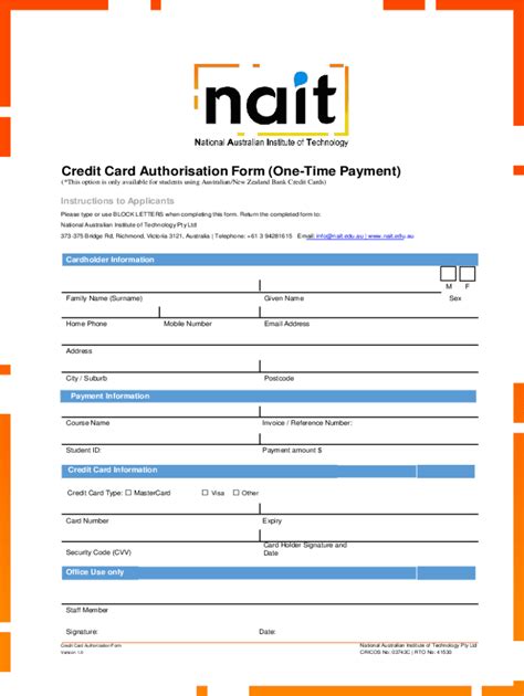 Fillable Online One Time Credit Card Payment Authorization Form In Word