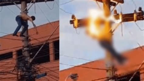 Embriagado Homem Sobe Em Poste De Energia Se Segura Em Fios Toma