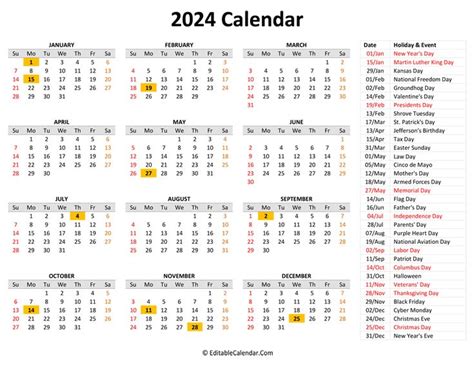 2024 Printable Calendar With Holidays Calendar Printables Free