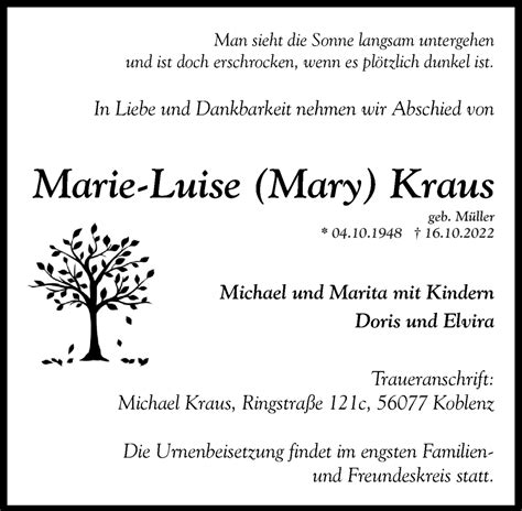 Traueranzeigen Von Marie Luise Mary Kraus Rz Trauer De
