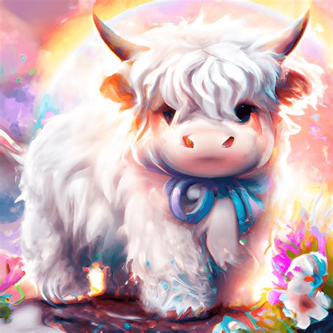 Fluffy Ivory Highland Cow With Glowing Iridescent Horns Creative Fabrica