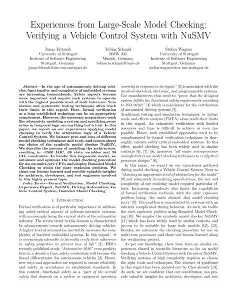 pdf experiences from large scale model checking verifying a vehicle control system with nusmv
