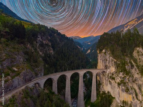Aerial View Of Train Passing Through Famous Mountain In Filisur