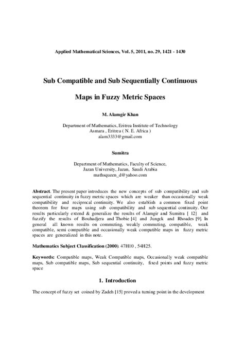 pdf sub compatible and sub sequentially continuous maps in fuzzy metric spaces alamgir khan