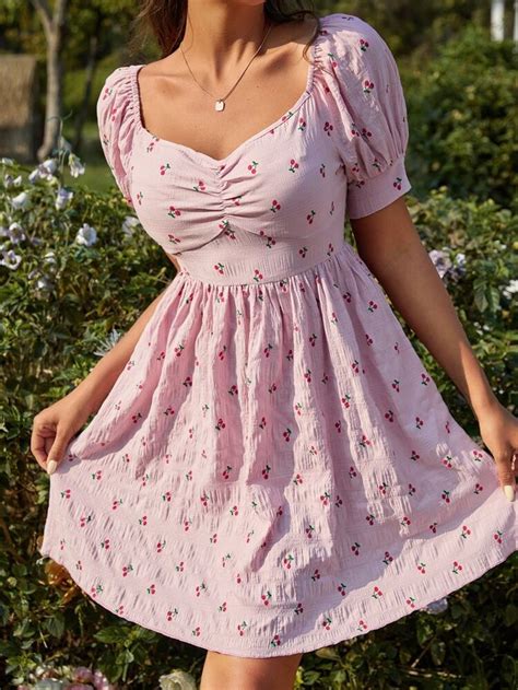 Cherry Print Ruched Puff Sleeve Sweetheart Neck Dress Pink Floral