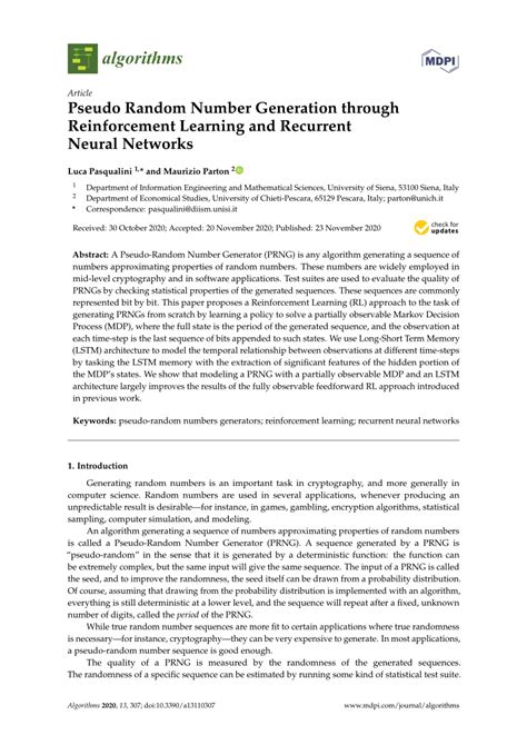 pdf pseudo random number generation through reinforcement learning and recurrent neural networks