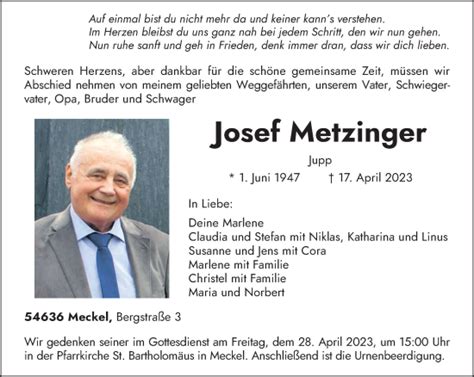 Traueranzeigen Von Josef Metzinger Volksfreund Trauer De