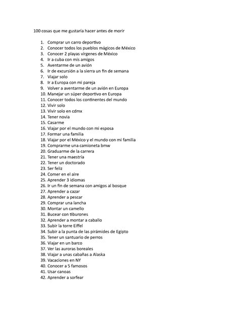 100 cosas que me gustaría hacer antes de morir Studocu