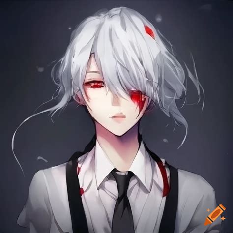 Anime Boy Long White Hair Staring At Front Red Eyes Black Hair