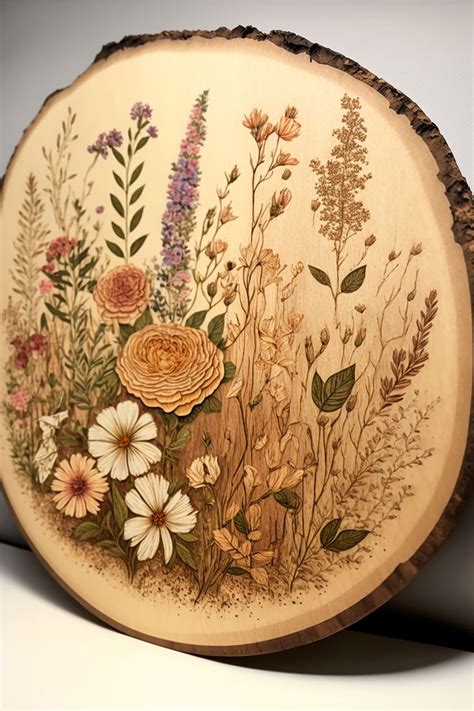 A Wood Slice With A Bunch Of Wildflowers Wood Burned On It And Painted
