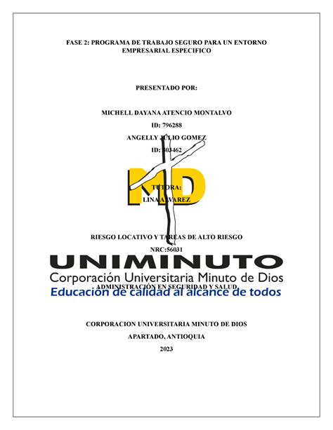 FASE 2 Riesgo Locativo Y Tareas DE ALTO Riesgo FASE 2 PROGRAMA DE