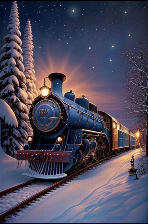A Painting Of A Train Going Down The Tracks In The Snow With Trees On