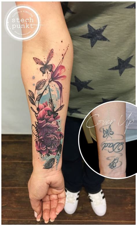 Watercolor Peony Flowers Cover Up Tattoo by Stechpunkt Прикрыть