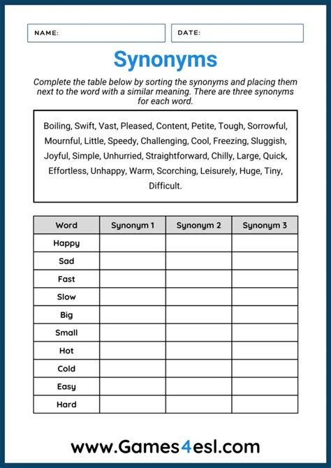 Free Synonym Worksheets Practice Exercises With Answers Games Esl