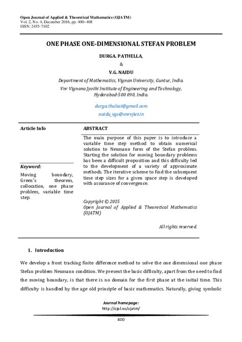 pdf one phase one dimensional stefan problem vedagiri naidu