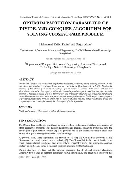 pdf optimum partition parameter of divide and conquer algorithm for solving closest pair problem