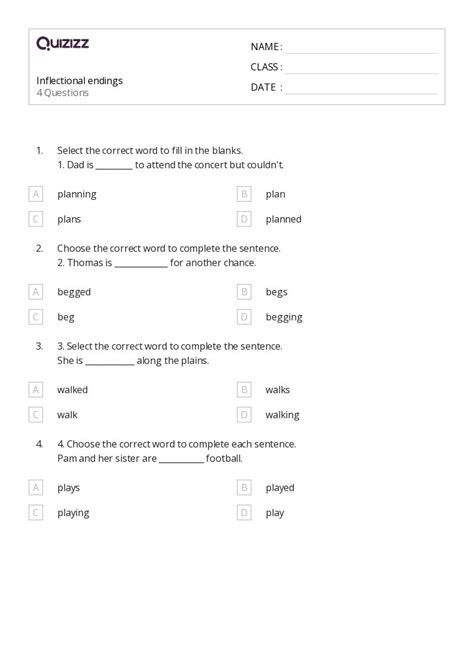 Inflectional Endings Worksheets For Th Class On Quizizz Free