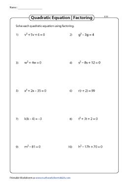 Factoring Quadratic Equations Worksheet