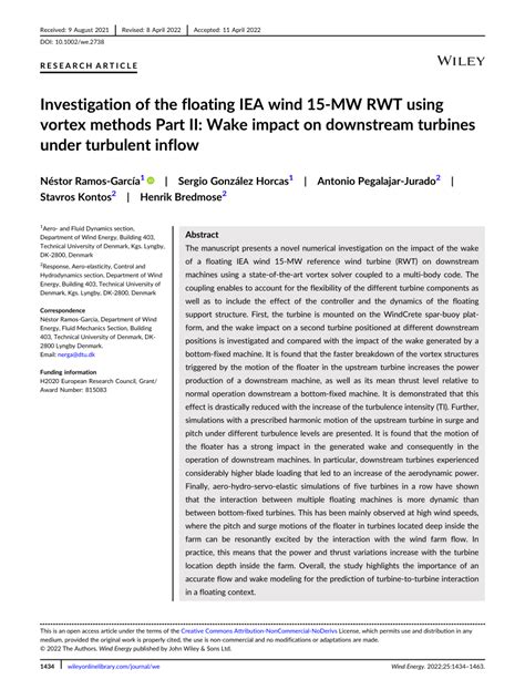 pdf investigation of the floating iea wind 15‐mw rwt using vortex methods part ii wake impact