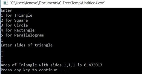 all c programs program 169 to print areas of triangle square circle rectangle parallelogram