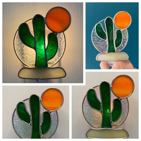 Saguaro Cactus Stained Glass Nightlight Etsy Stained Glass Mirror