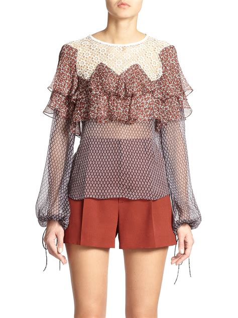 Chlo Guipure Lace Trim Silk Chiffon Blouse In Red Lyst