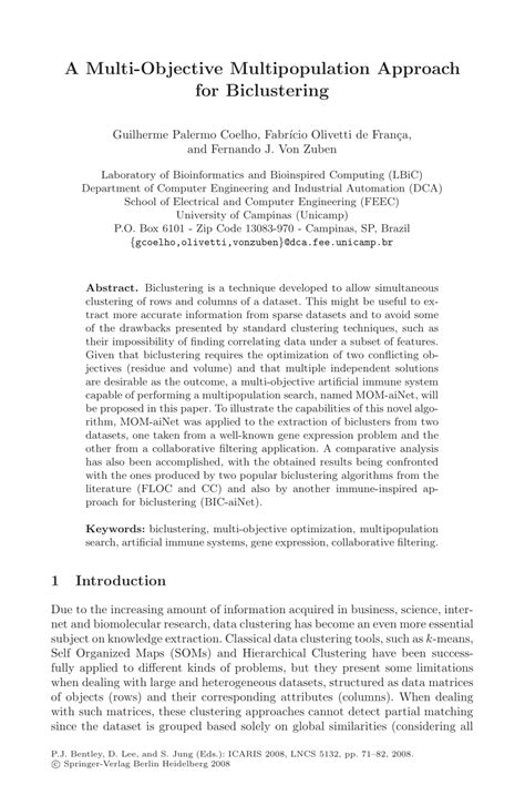 pdf a multi objective multipopulation approach for biclustering