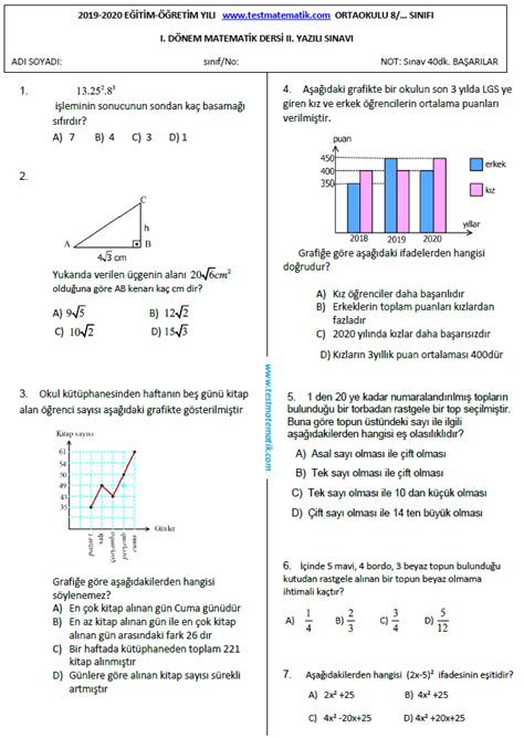 2019 2020 8 SINIF MATEMATİK 1 DÖNEM 2 YAZILI SINAVI Test Matematik