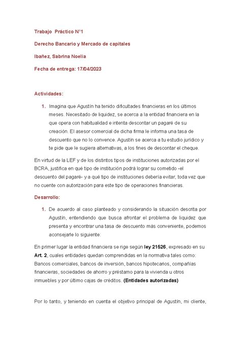 Trabajo Práctico N1 derecho bancario Trabajo Práctico N Derecho