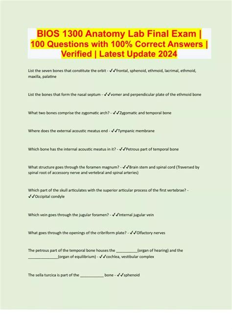 BIOS 1300 Anatomy Lab Final Exam 100 Questions With 100 Correct