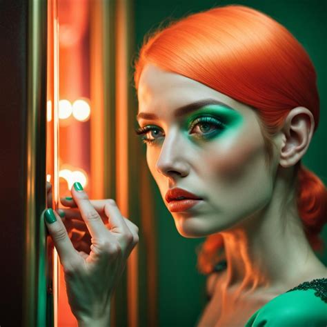 Close Up Shot Of A Woman In The Mirror Admiring Her Eye Makeup Orange And Emerald Neon Pop By