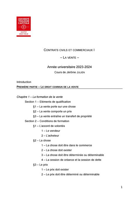 Plan Du Cours De Droit Des Contrats CONTRATS CIVILS ET COMMERCIAUX I