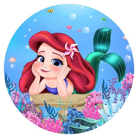 Painel D Festa Redondo Malha Sublimado Sereia Baby Ariel Disney
